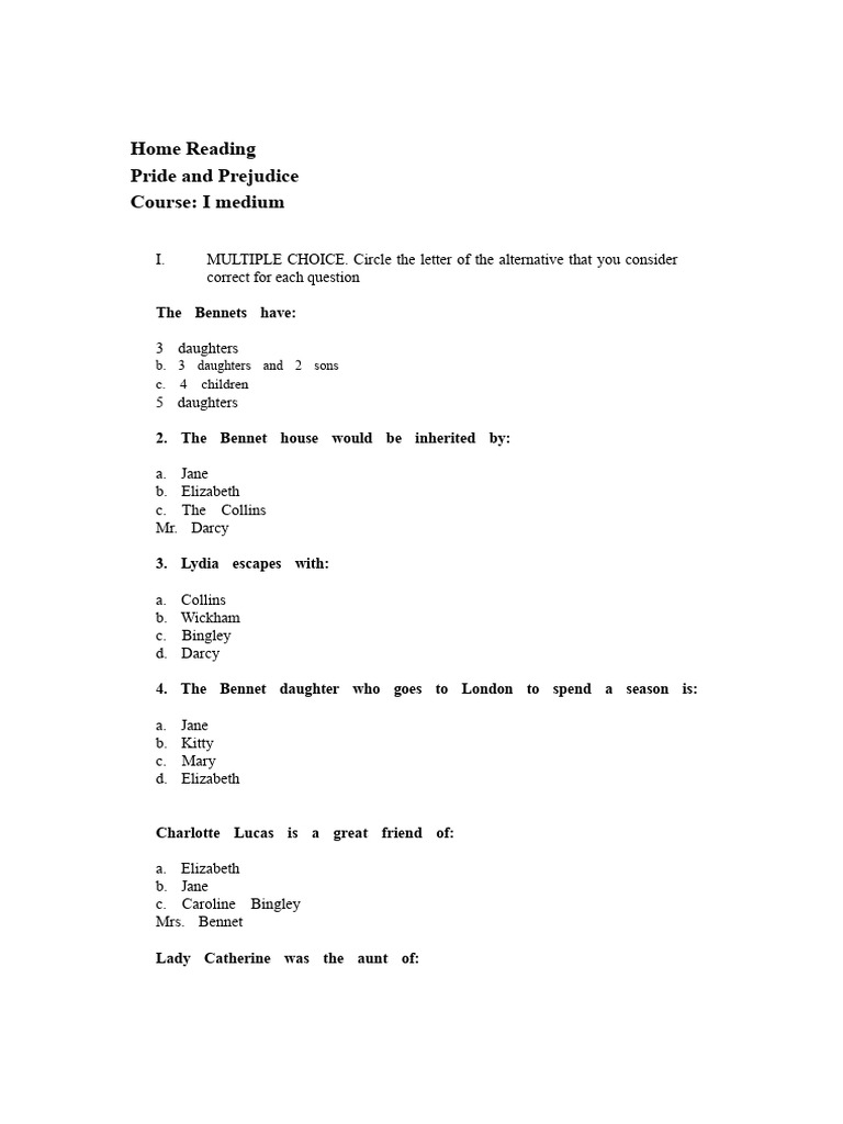Pride and Prejudice Study Questions | PDF | Pride And Prejudice | Mr. Darcy