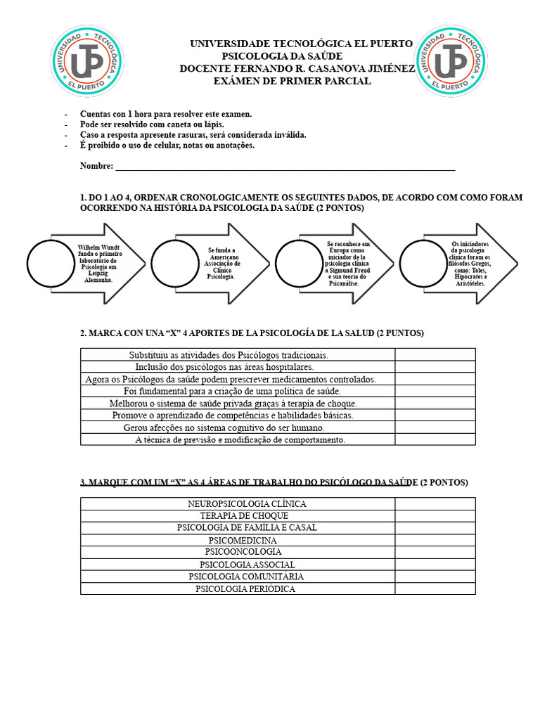 EXAME DE PSICOLOGIA DA SAÚDE 1P | PDF | Psicologia | Psicologia da Saúde
