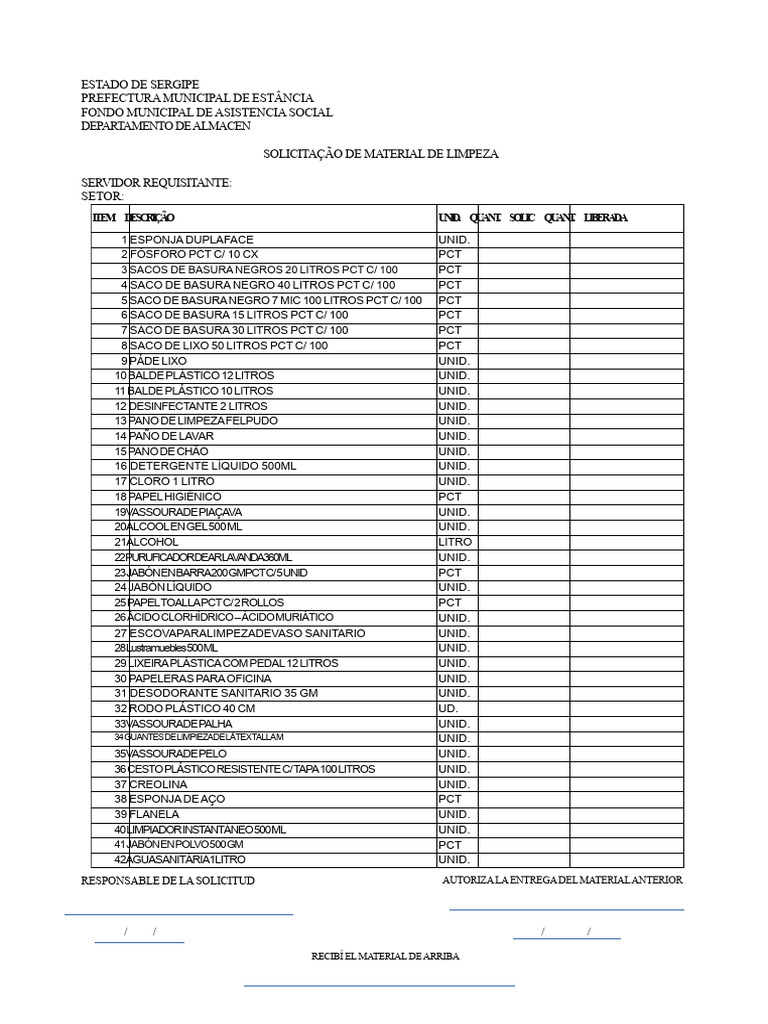 Solicitud de Material de Limpieza en Estância | PDF