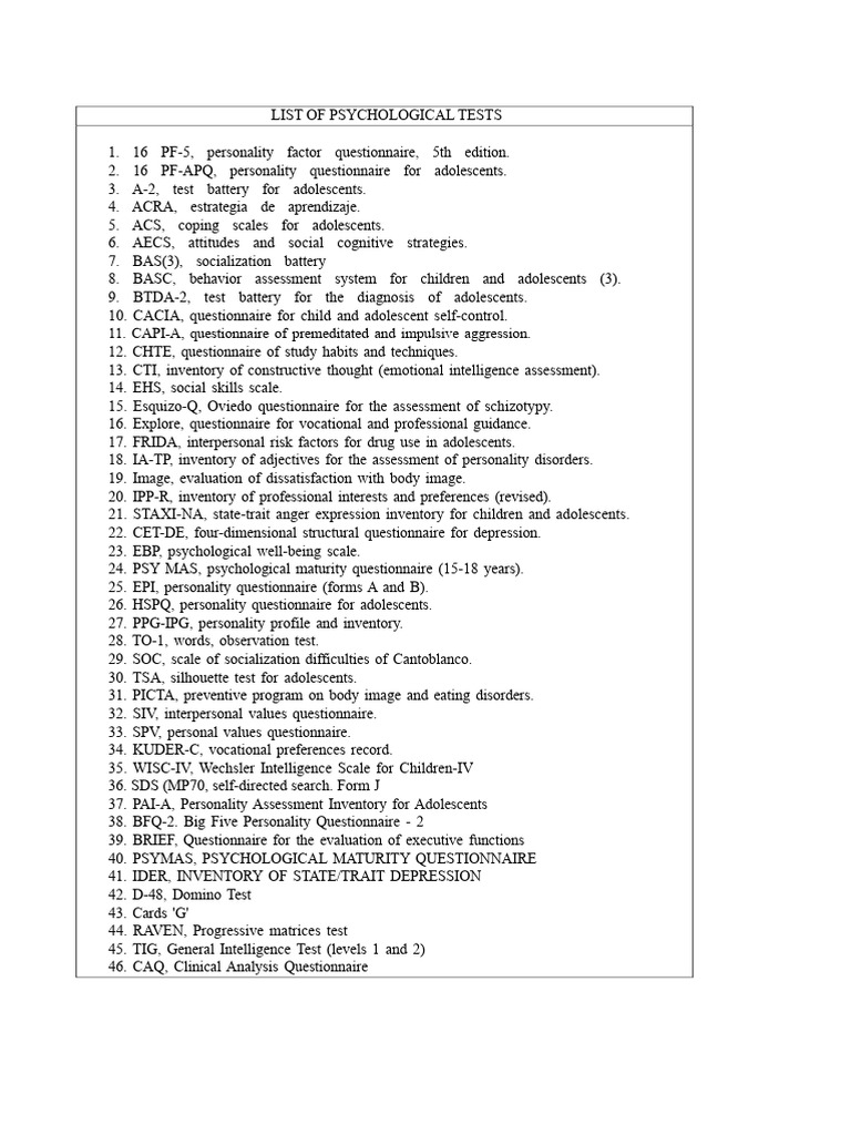 Comprehensive List of Psychological Tests | PDF | Adolescence ...