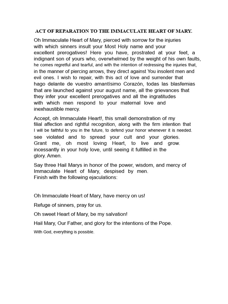 Reparation Prayer to the Immaculate Heart | PDF | Mary, Mother Of Jesus ...