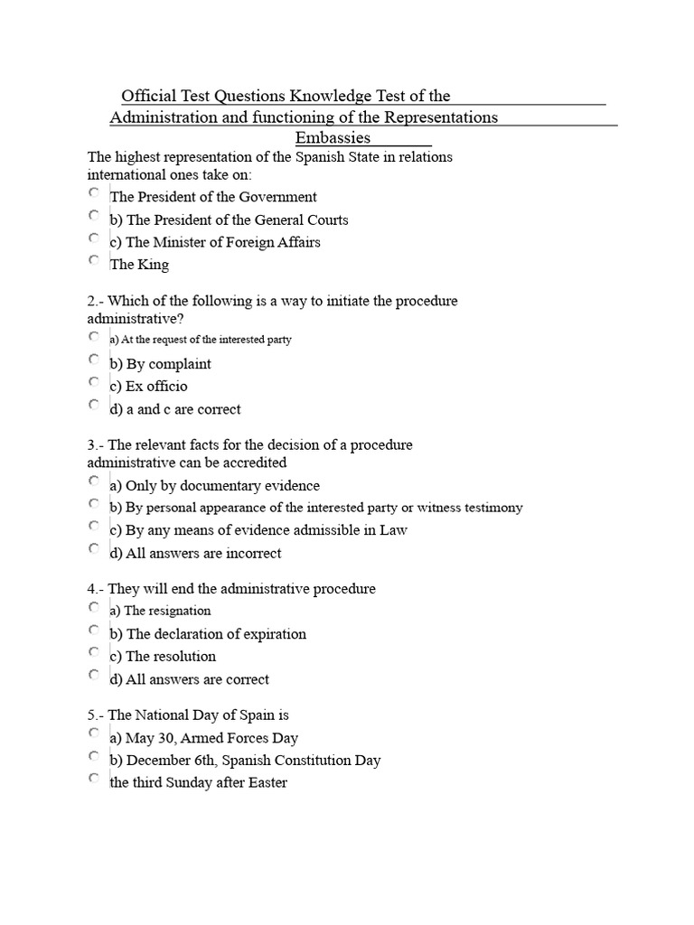 Spanish Embassy Administration Test Questions | PDF | Consul ...