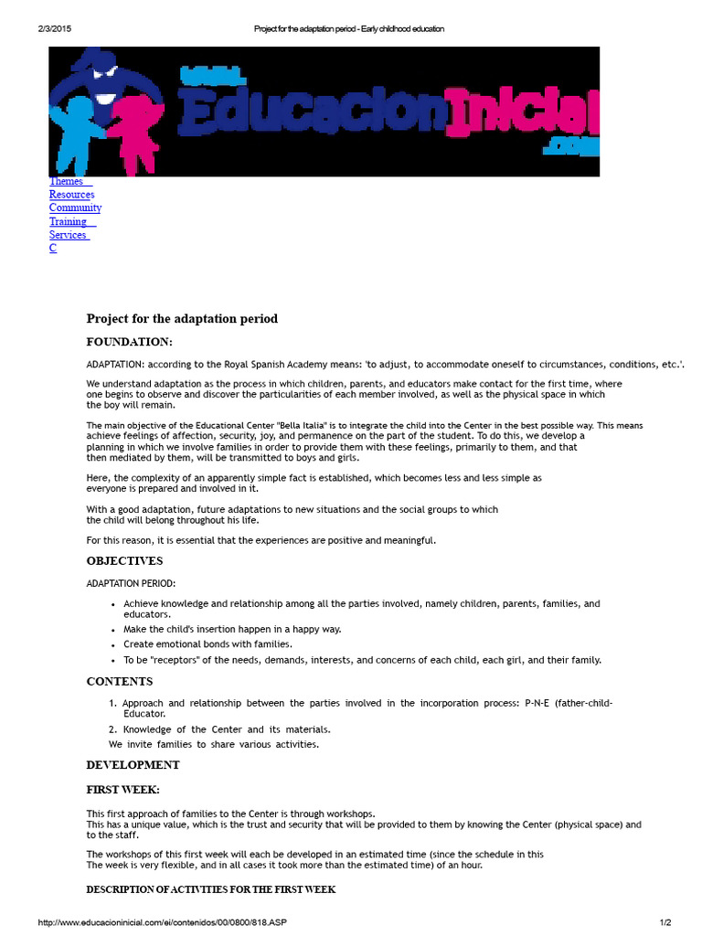 Project For The Adaptation Period - Early Childhood Education | PDF ...
