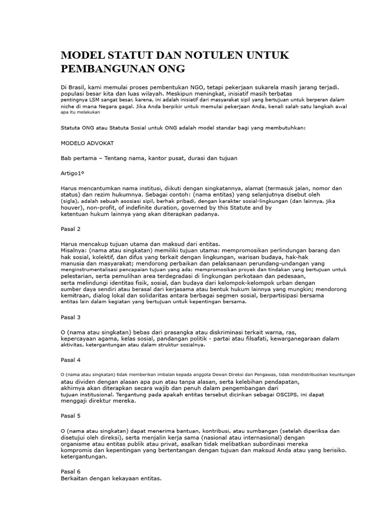 MODEL STATUT DAN NOTULEN UNTUK PENDIRIAN LSM | PDF