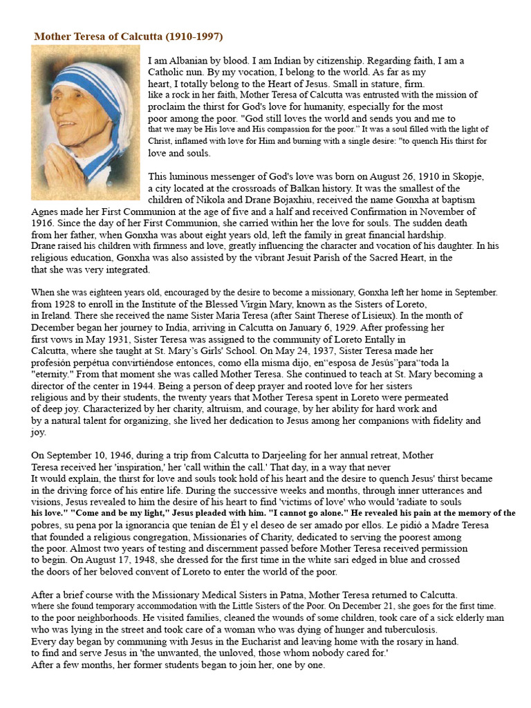 Biography of Mother Teresa of Calcutta | PDF | Mother Teresa | Spirituality