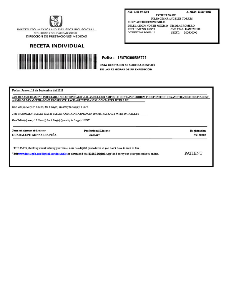 Patient Prescription for Dexamethasone & Naproxen | PDF