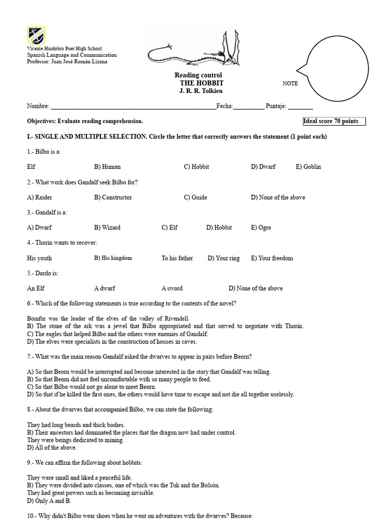 Hobbit Reading Comprehension Quiz | PDF | Bilbo Baggins | The Hobbit