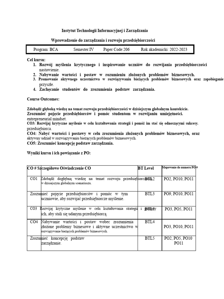 Plan Lekcji Bca Rozwoju Przedsiębiorczości | PDF