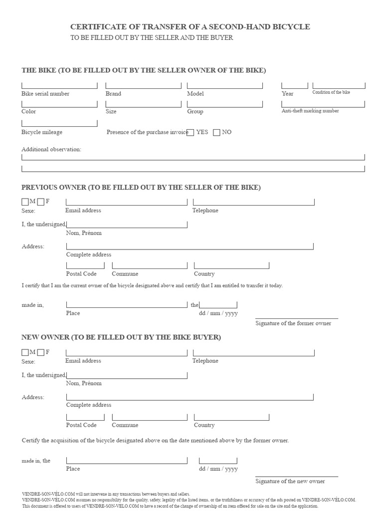 Bicycle Sale Certificate Form | PDF | Sales