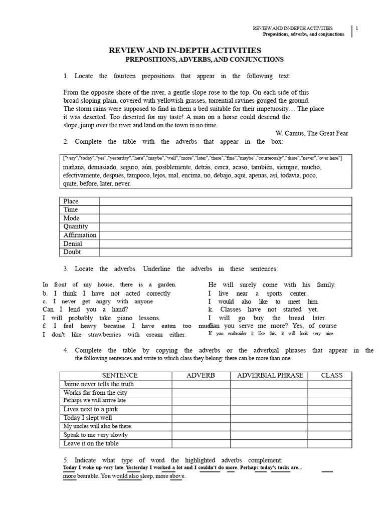 Activities Prepositions Adverbs and Conjunctions | PDF | Adverb ...