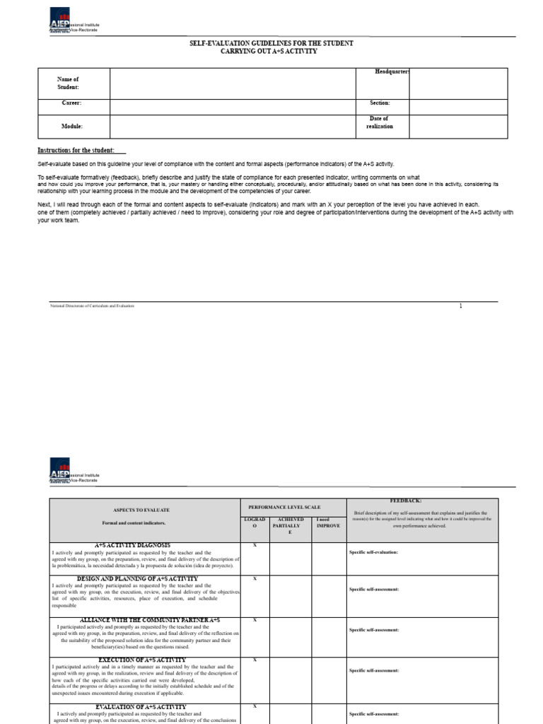 Formative Self-Assessment Guideline For The Student Activity A+S-1 ...
