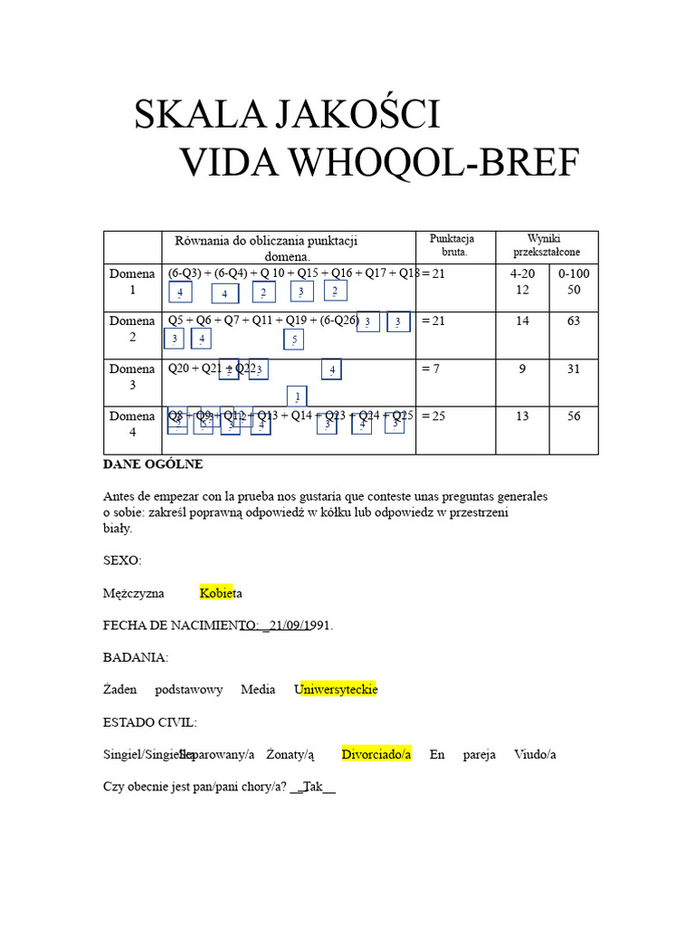 1 Skala Jakości Życia Whoqol-Bref | PDF