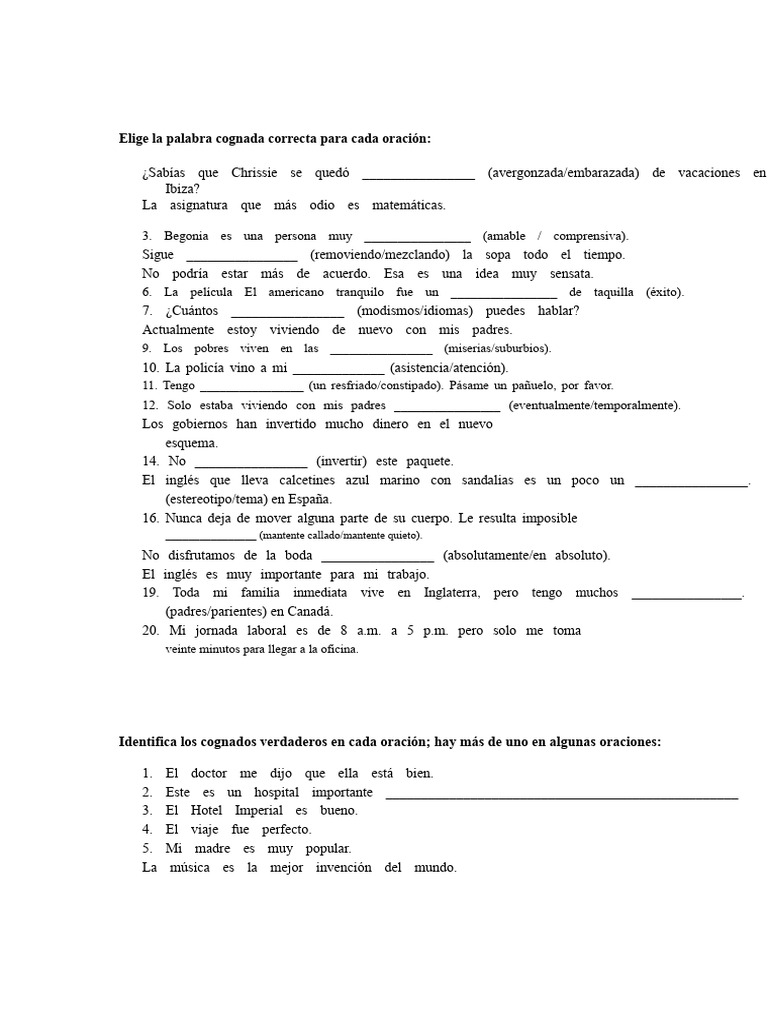 Hoja de Trabajo de Cognados | PDF