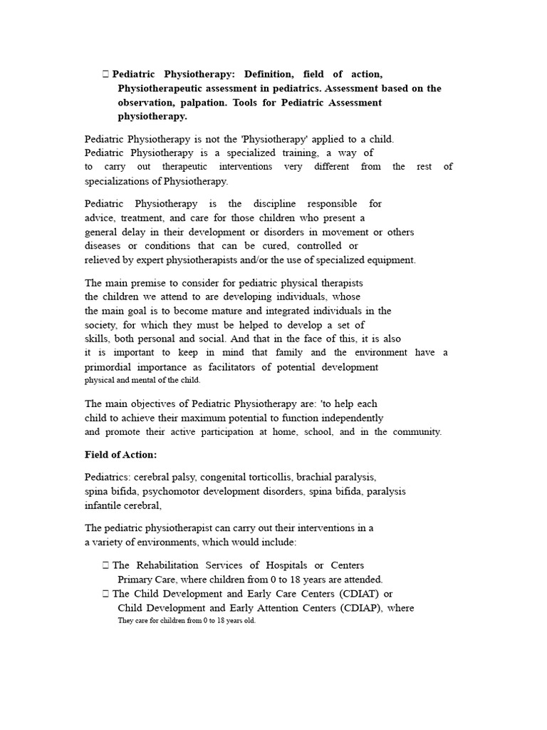 Pediatric Physiotherapy Overview and Assessment | PDF | Physical ...