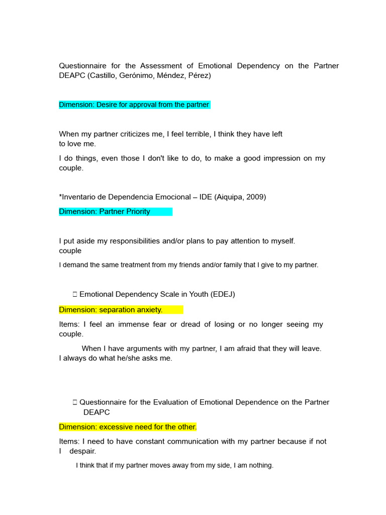 Questionnaire For The Evaluation of Emotional Dependency On Partner ...