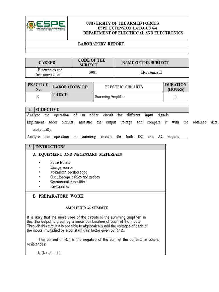 Summing Amplifier Laboratory Report | PDF | Amplifier | Voltage