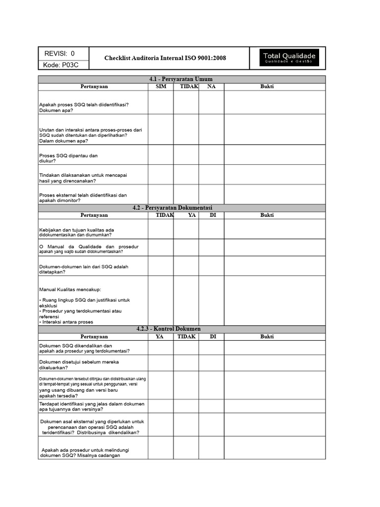Checklist Audit Internal ISO 9001:2008 | PDF