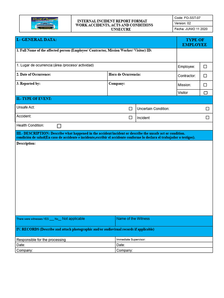 Annex 12. FO-SST-07. Incident Report Format, Unsafe Acts and Conditions, and Health Conditions | PDF