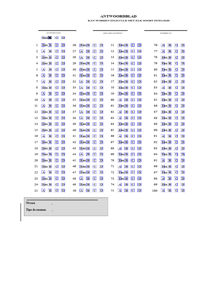 Antwoordbladen 100 vragen | PDF