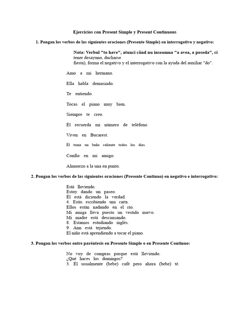 Ejercicios con presente simple y presente continuo | PDF