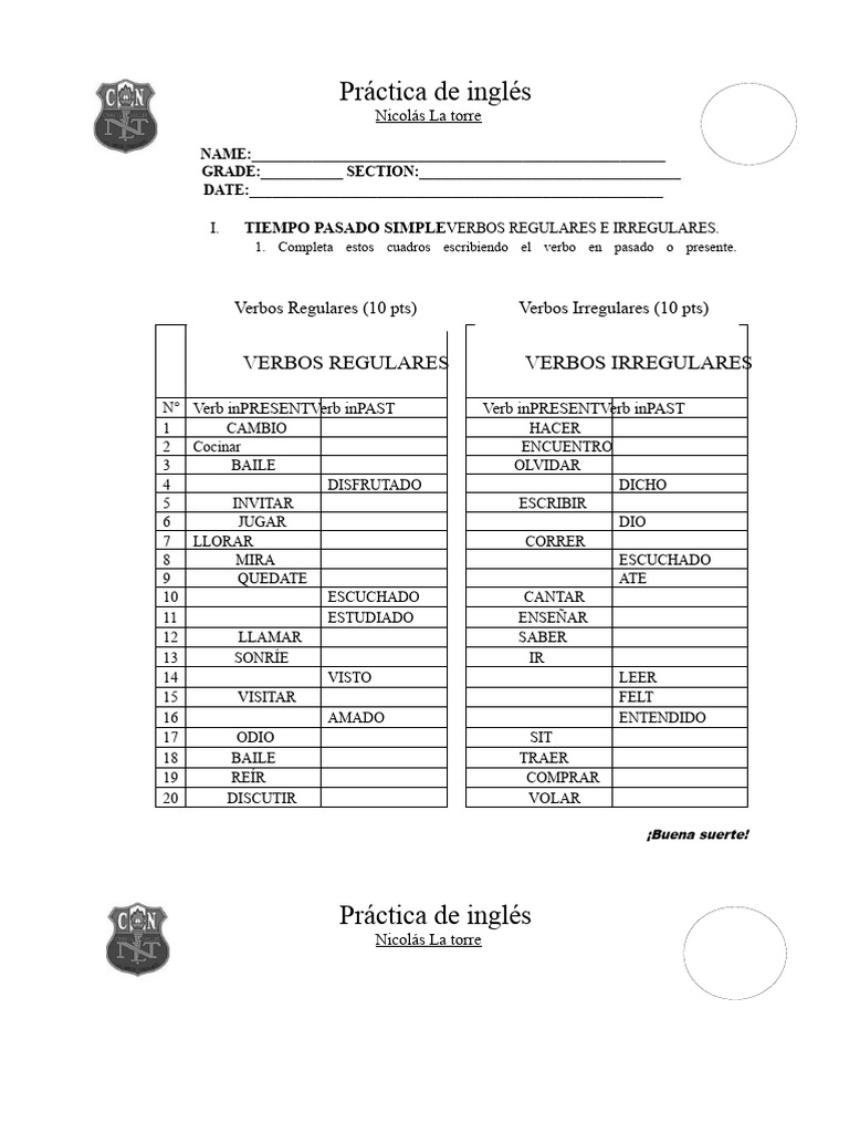 PRÁCTICA 21 Verbos Regulares e Irregulares | PDF