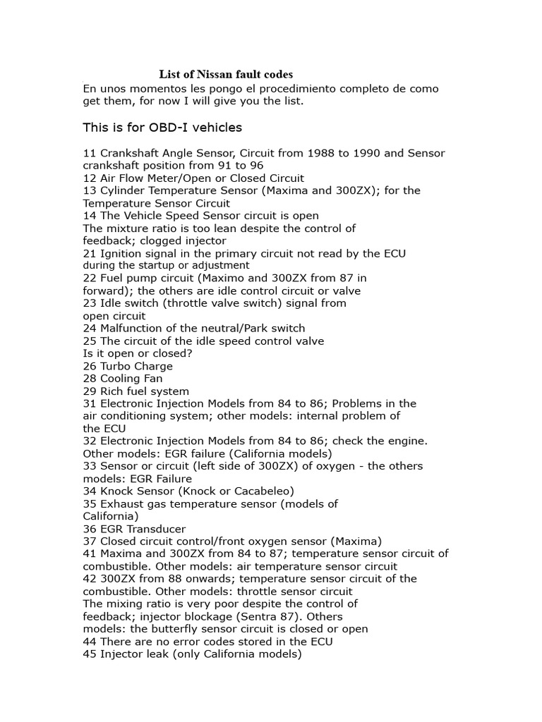 List of Nissan Fault Codes | PDF | Throttle | Fuel Injection