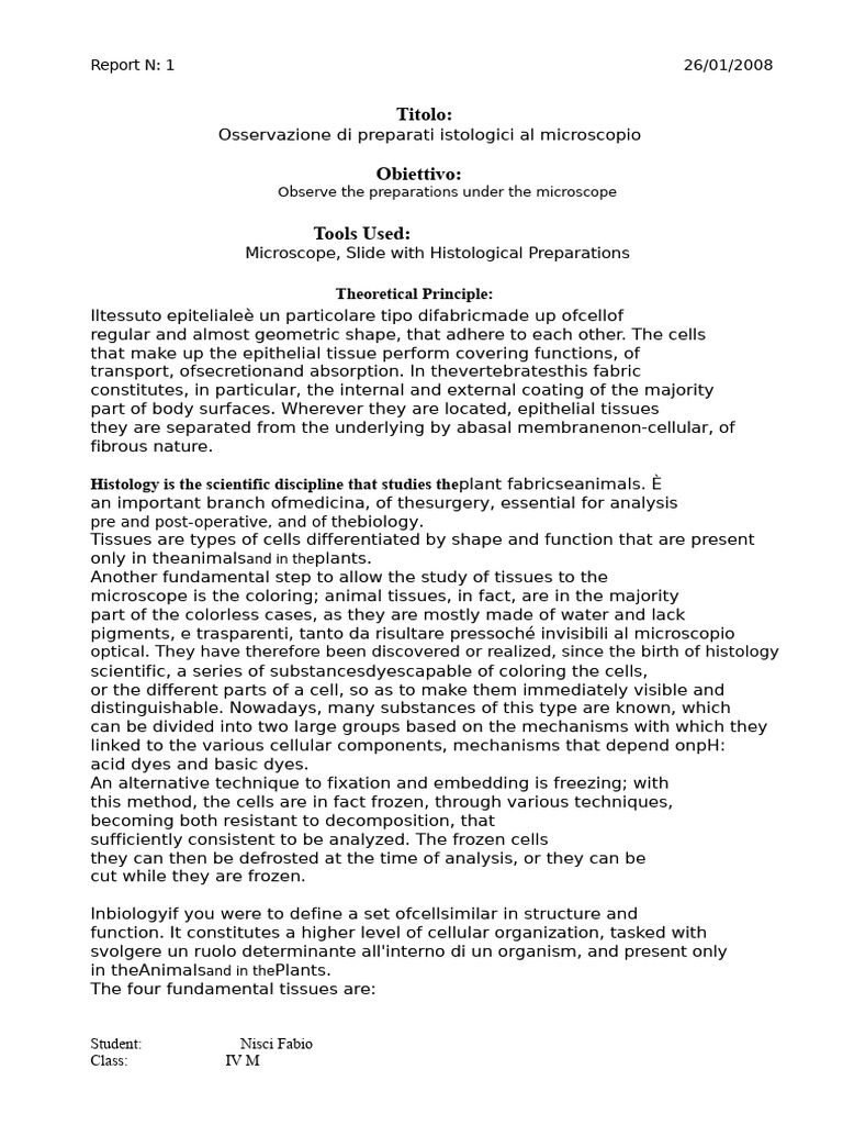 Histological Preparation Report | PDF | Epithelium | Tissue (Biology)