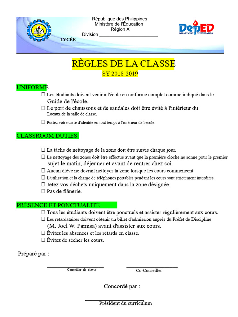 Règles de classe et présence 2018-2019 | PDF