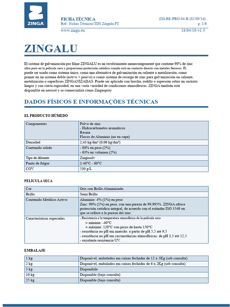 05 - FISPQ - 2019.04.18 - ZINGALU.pdf | PDF | Zinc | Cepillo
