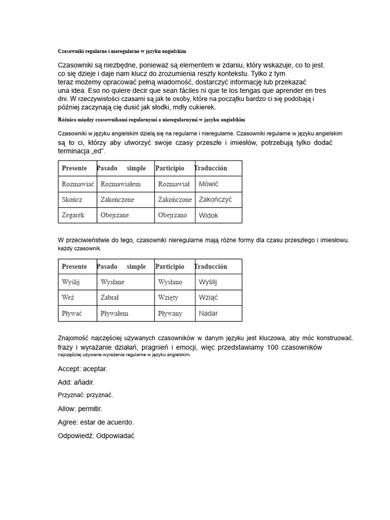 Czasowniki Regularne I Nieregularne W Języku Angielskim | PDF