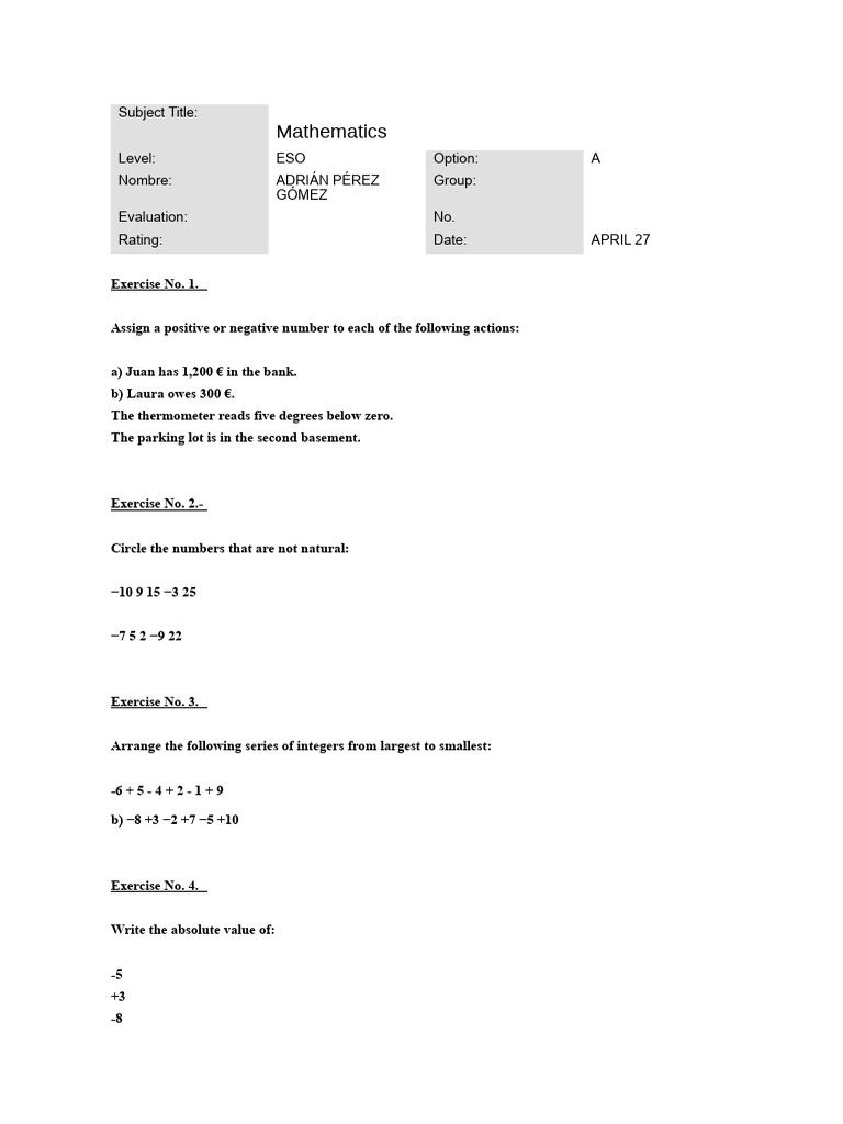 Integer Numbers Exam 1st Year of Secondary Education | PDF