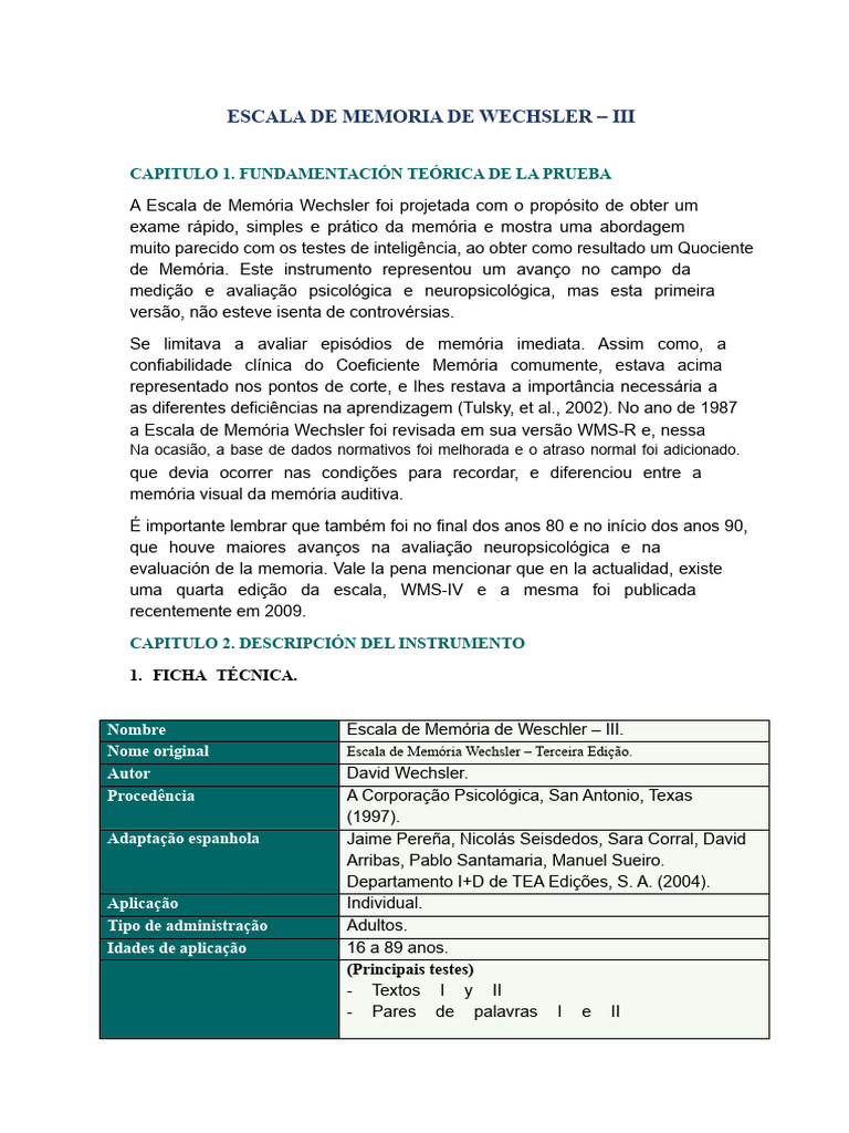 Escala de Memória Wechsler III: Avaliação e Aplicação | PDF ...