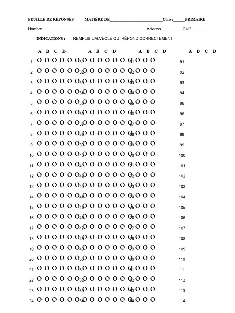 Feuille de réponses primaire A, B, C, D | PDF
