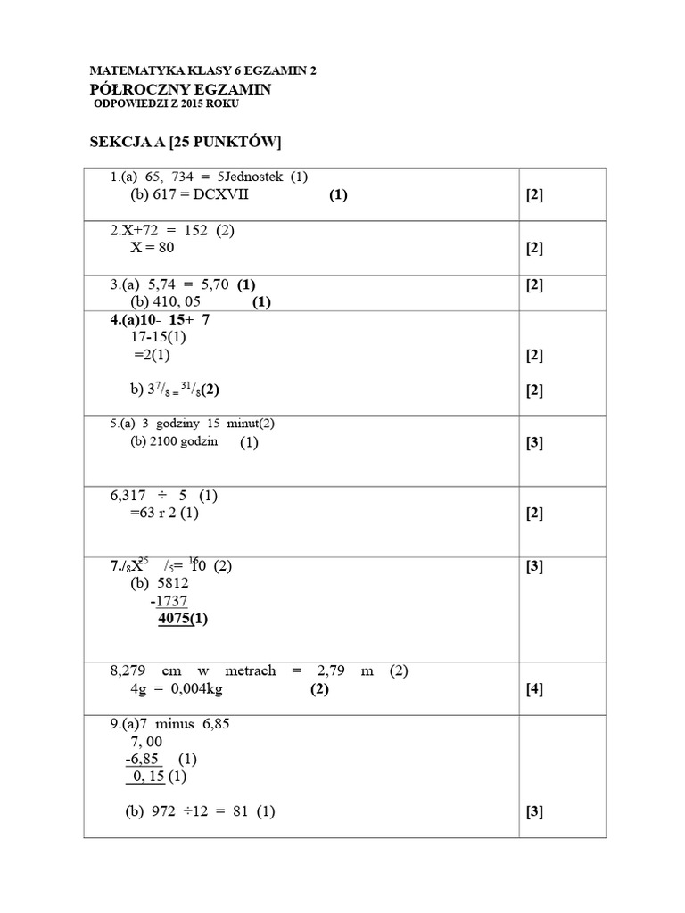 Klasa 6 Matematyka Arkusz 2 Odpowiedzi 2015 | PDF