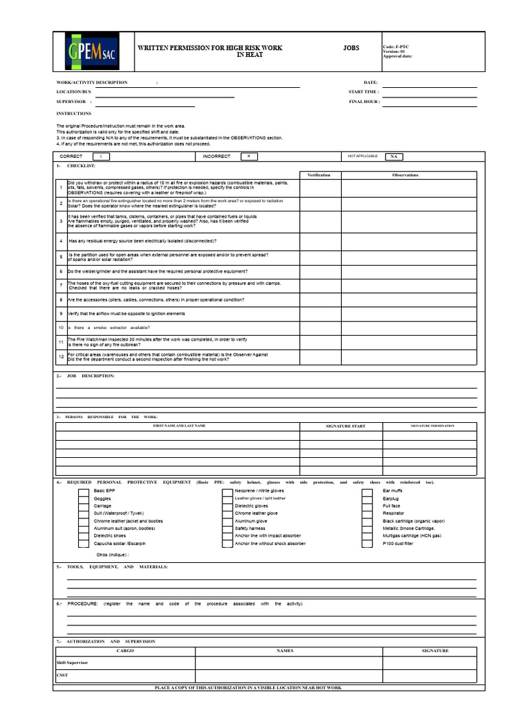 High-Risk Hot Work Authorization Form | PDF | Fires | Personal ...