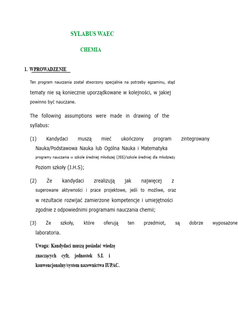 Waec - Sylabus Chemii | PDF