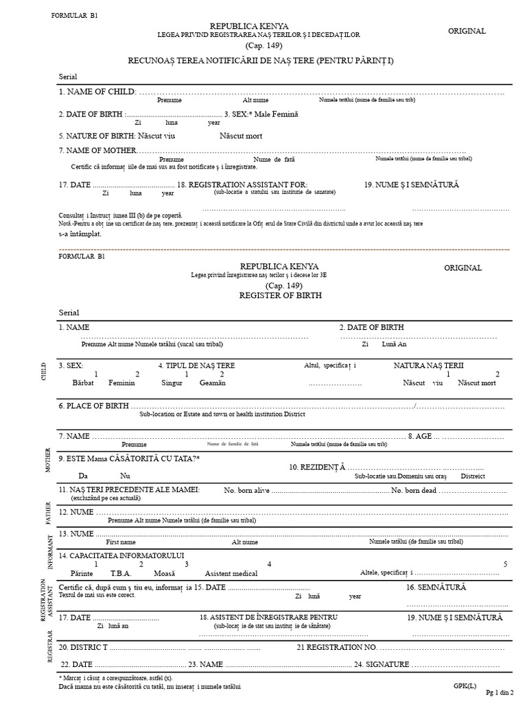 41 Notificare de Naștere pentru Părinți Formular B1 | PDF