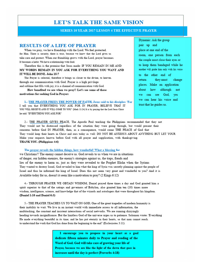 LESSON 4 THE EFFECTIVE PRAYER RESULTS OF A LIFE OF PRAYER List | PDF ...