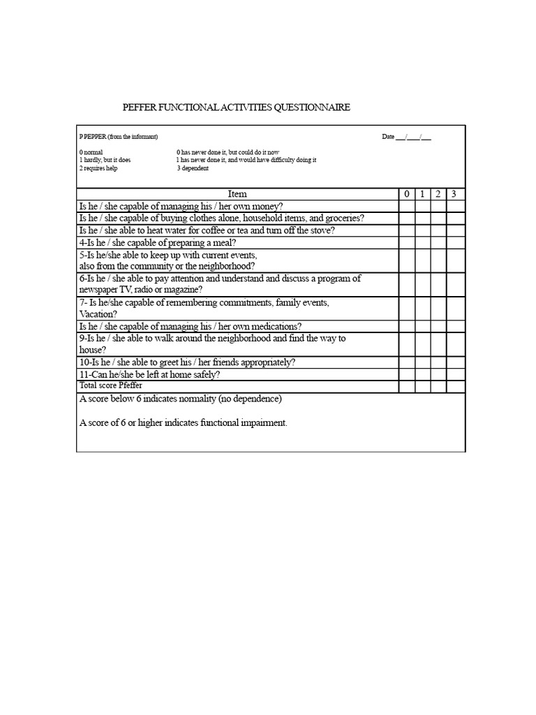 Pfeffer's Functional Activities Questionnaire | PDF