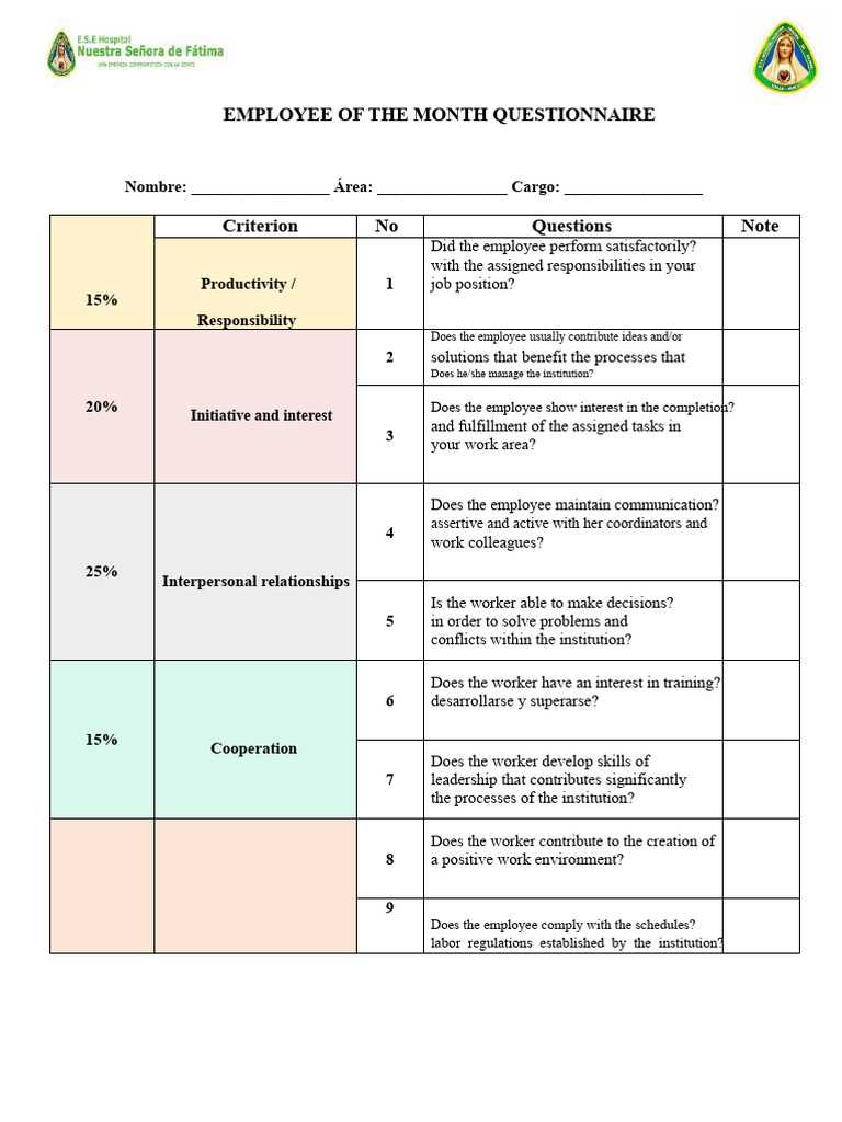 Employee of The Month Questionnaire | PDF | Employment | Behavioural ...