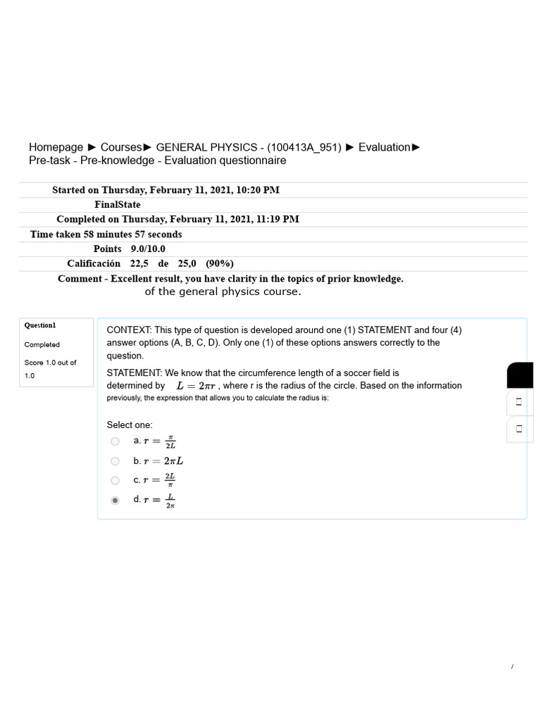 Pre-Task - Pre-Knowledge - Evaluation Questionnaire - General Physics ...