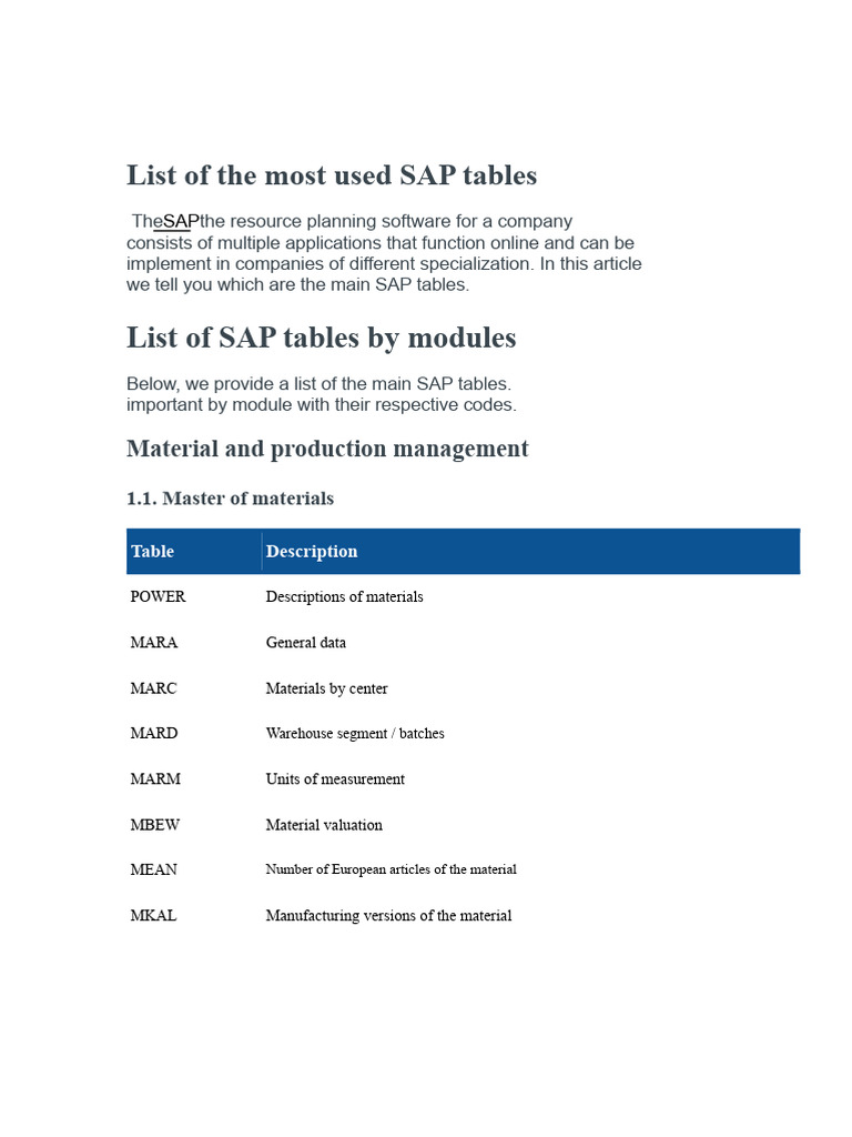 Key SAP Tables by Module | PDF | Computing