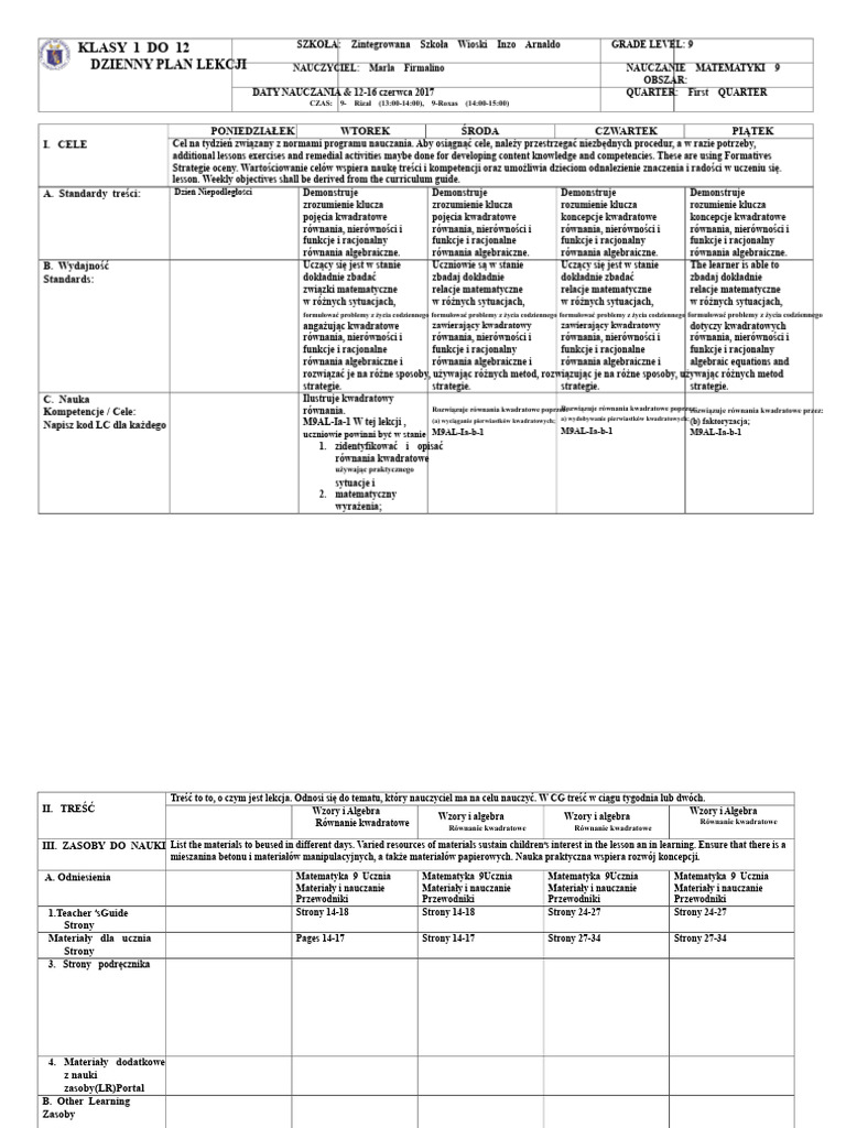 DLL - Math 9 - Q1 - W2.1 | PDF