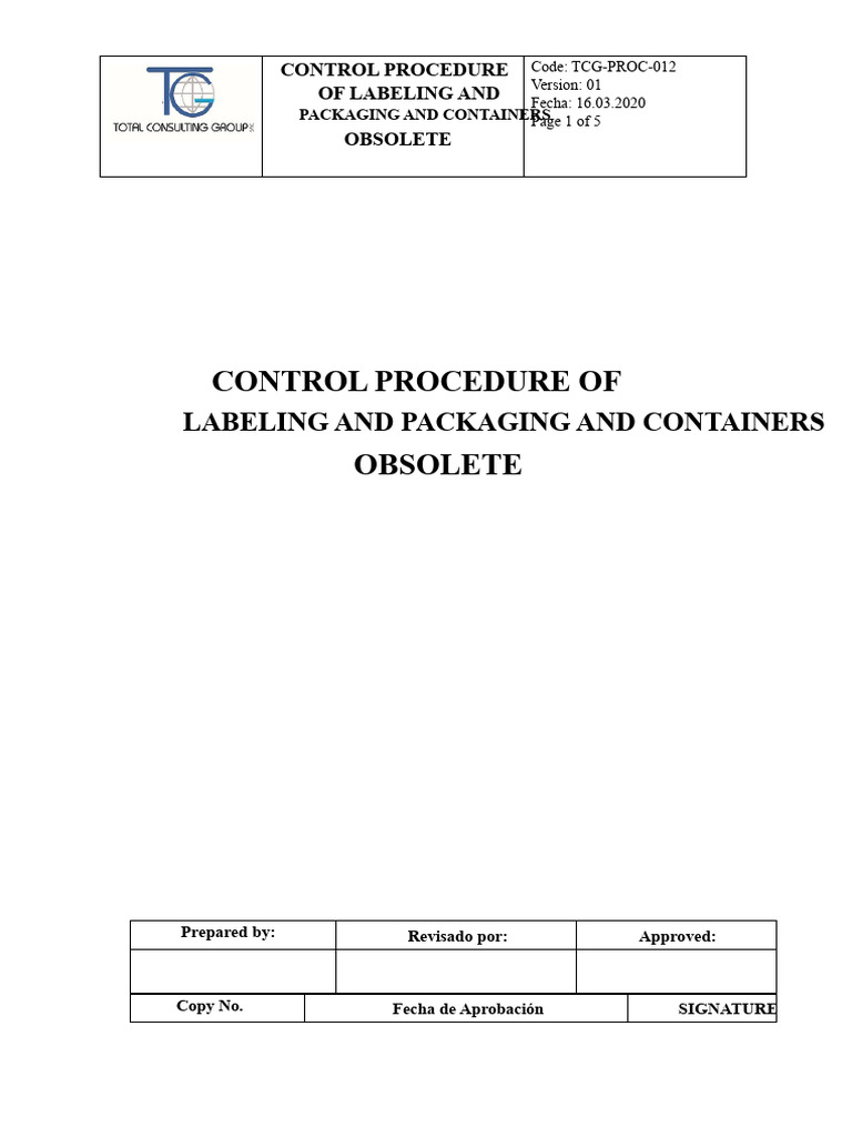 Tcg-Proc-012 Labeling and Packaging Control Procedure | PDF ...