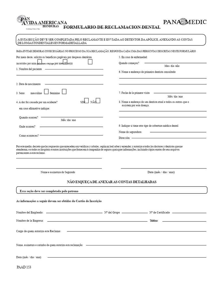 Folha de Seguro PALIG PANAMEDIC Reivindicação Plano Dental | PDF | Dentista