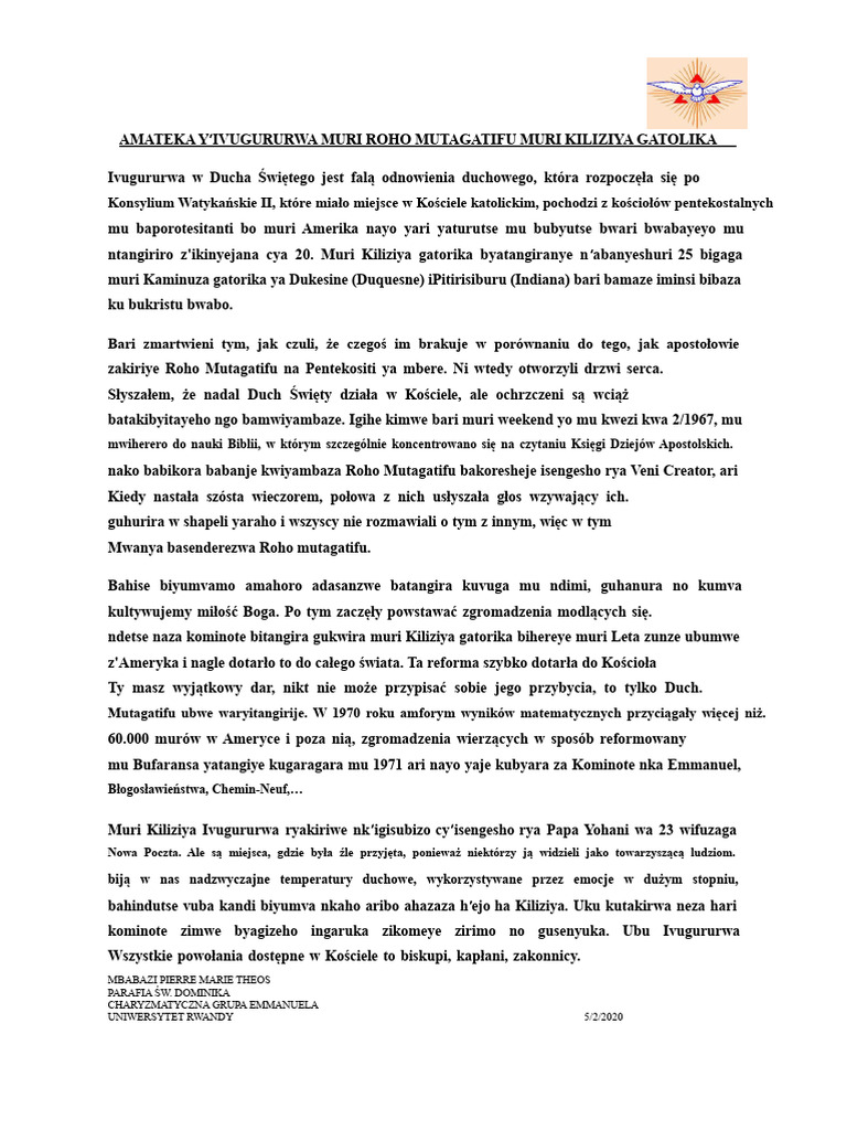 Amateka Y'ivugururwa Muri Roho Mutagatifu | PDF