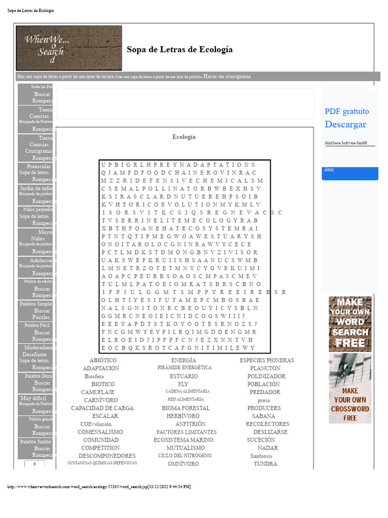 Sopa de Letras de Ecología | PDF | Geografía Física | Biologia de sistemas