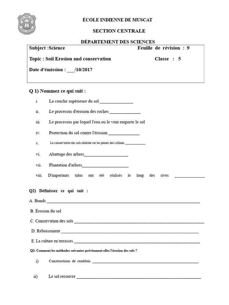 Classe 5 - Sciences - Érosion Du Sol Et Conservation - Fiche de Travail ...
