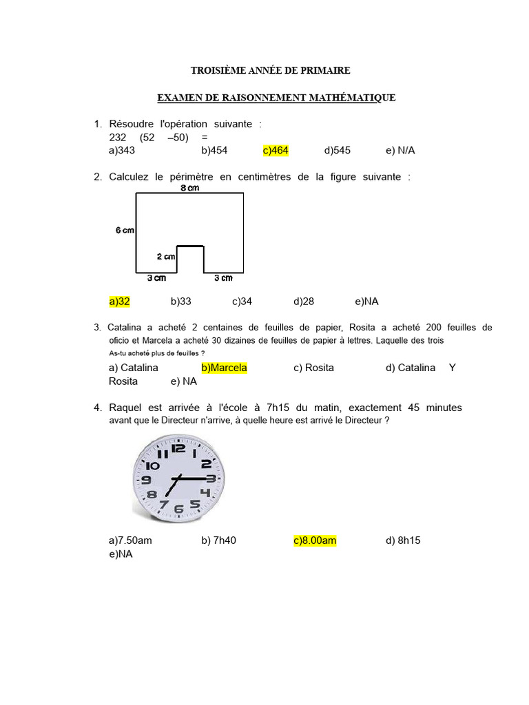 Examen de mathématiques 3e année | PDF | Mathématiques | Échecs