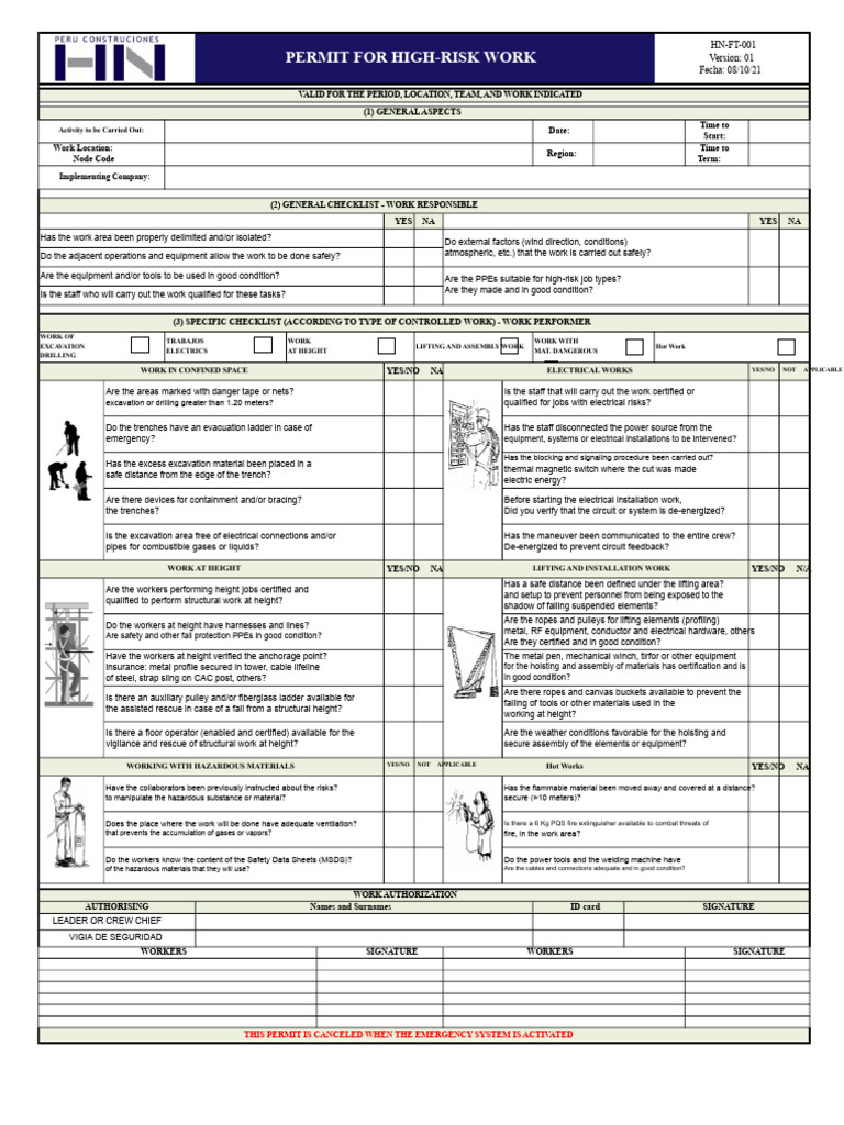 High-Risk Work Permit Checklist | PDF | Safety